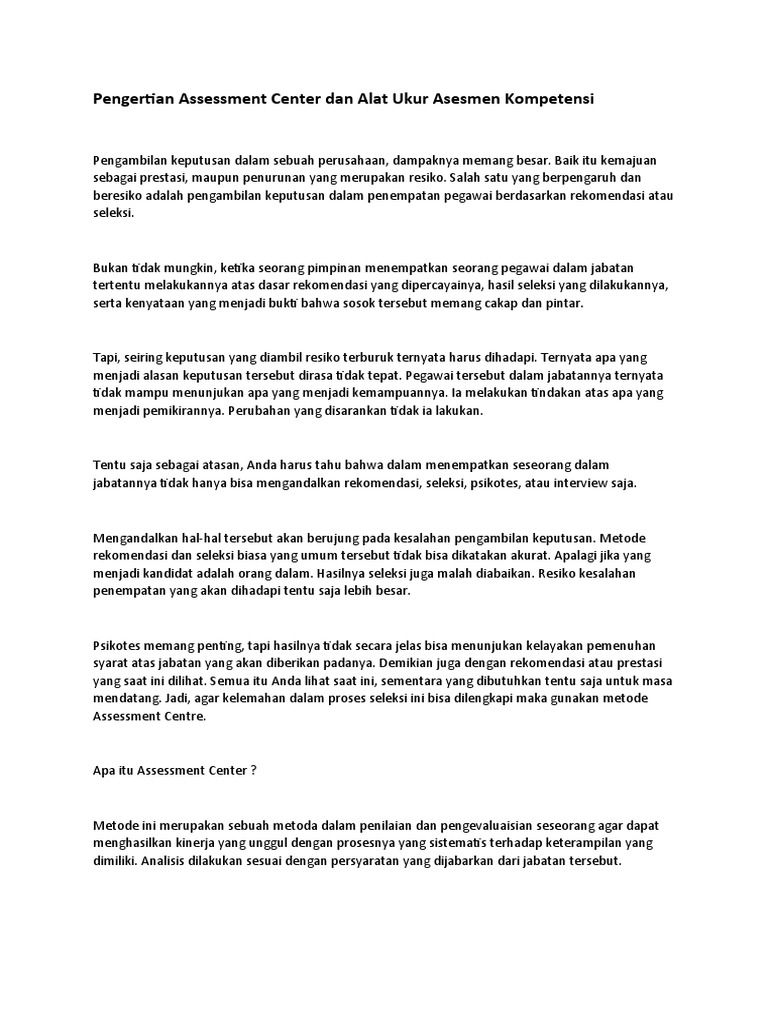 Pengertian Assessment Center Dan Alat Ukur Asesmen Kompetensi | PDF ...