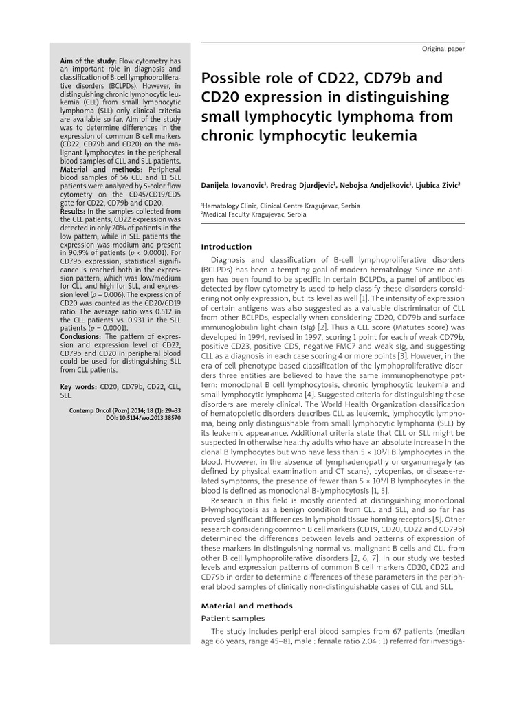 Possible Role of CD22, CD79b and CD20 Expression in Distinguishing ...