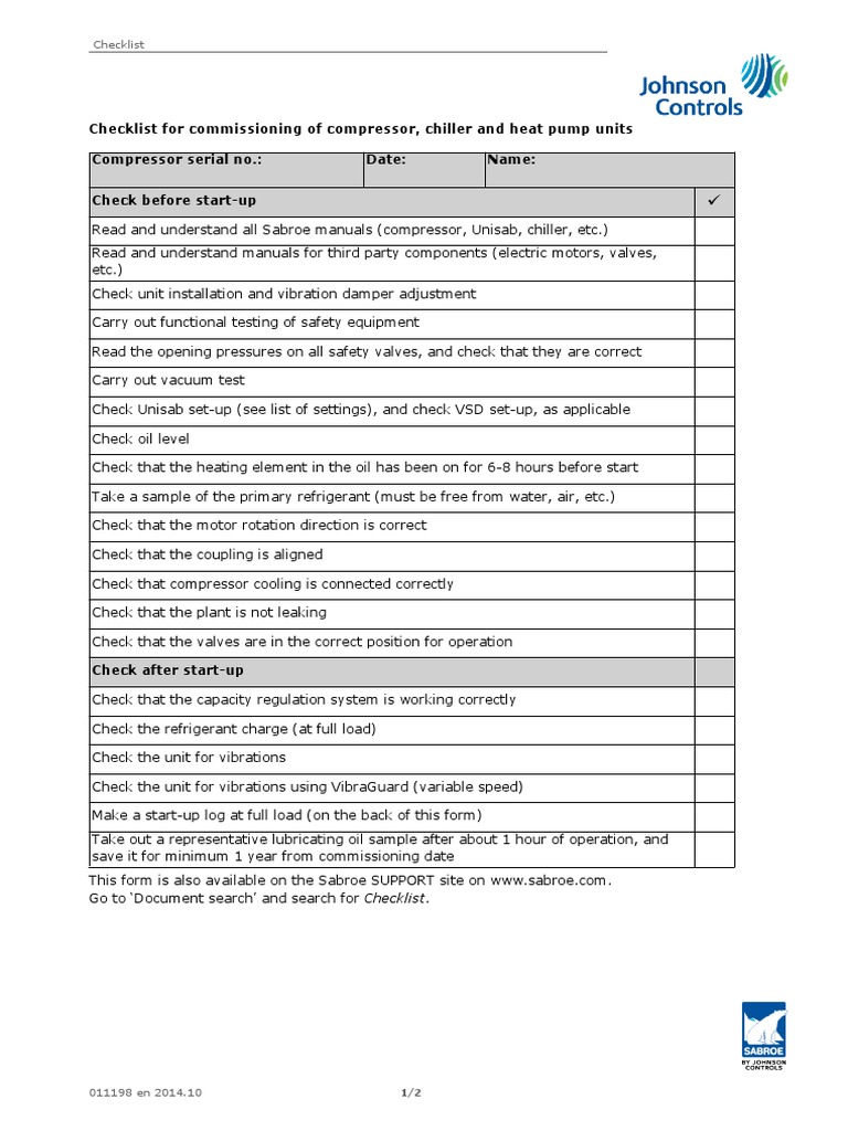 Compressor and Chiller Start-Up Checklist | PDF | Machines ...