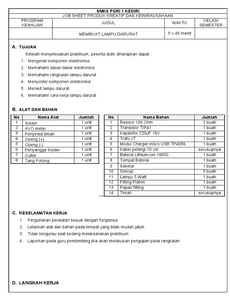Jobsheet Lampu Darurat SMK PGRI 1 | PDF