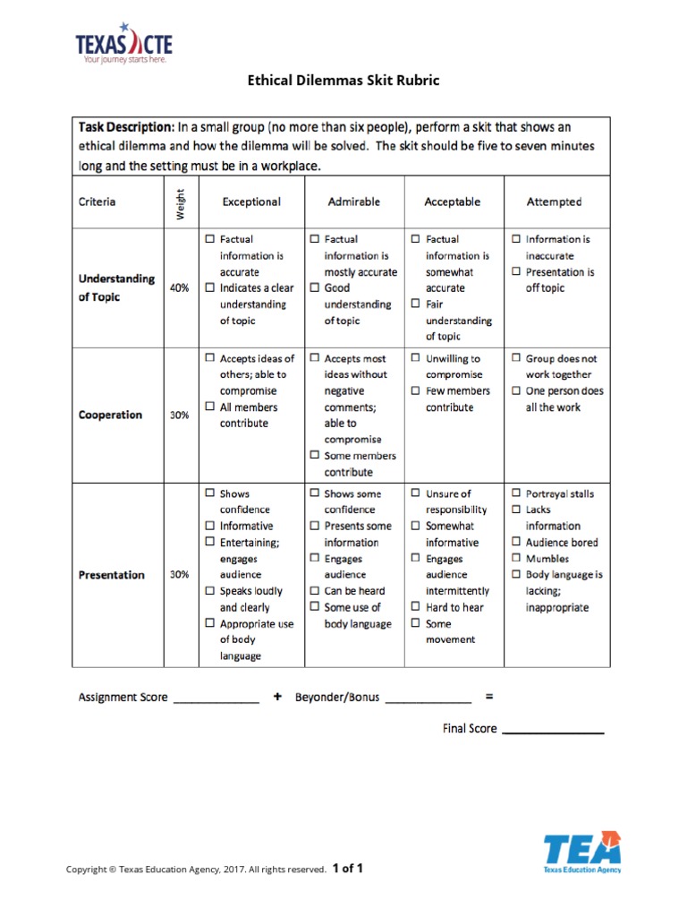 Ethical Dilemmas Skit Rubric | PDF