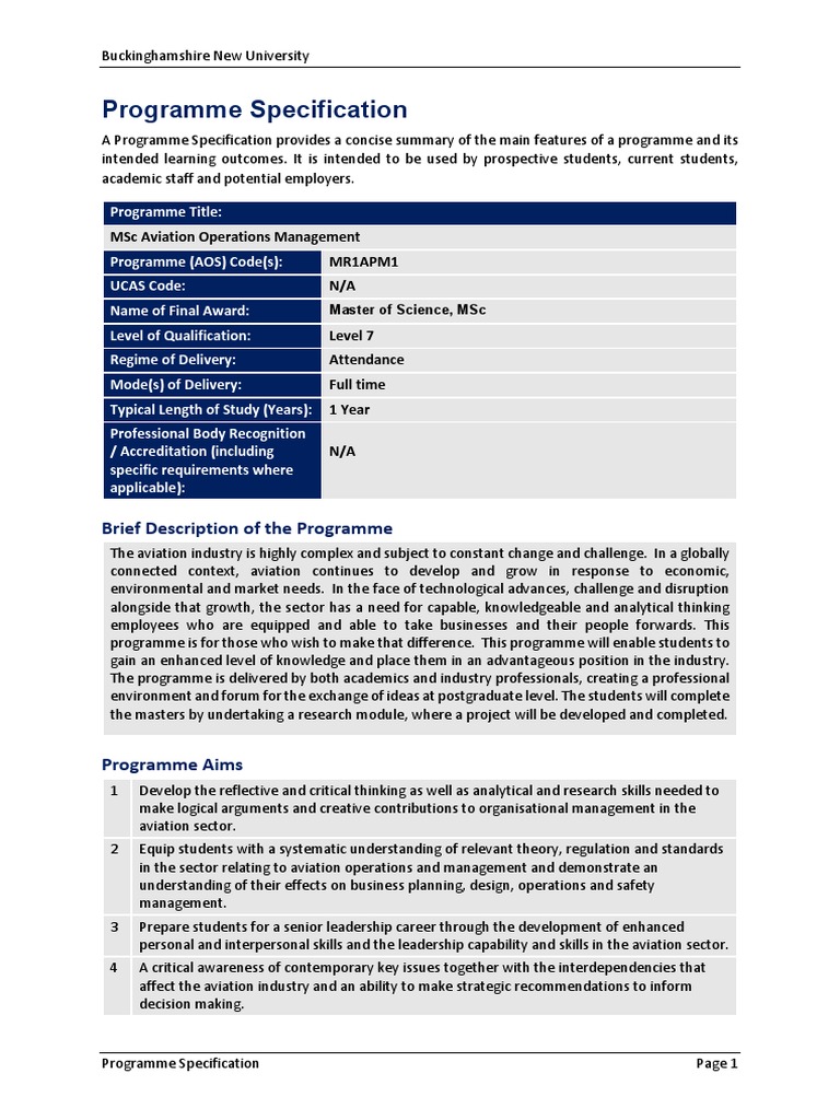 MSC Aviation Operations Management Programme Specification | PDF | Educational Assessment ...