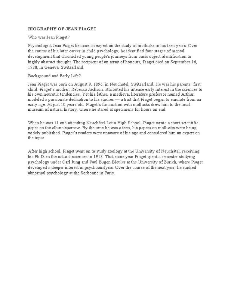 Biography of Jean Piaget | PDF | Cognitive Development | Thought