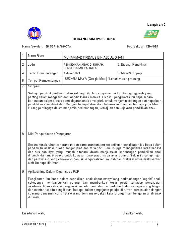 Borang Ulasan Baca Buku Untuk splkpm-FIRDAUS | PDF