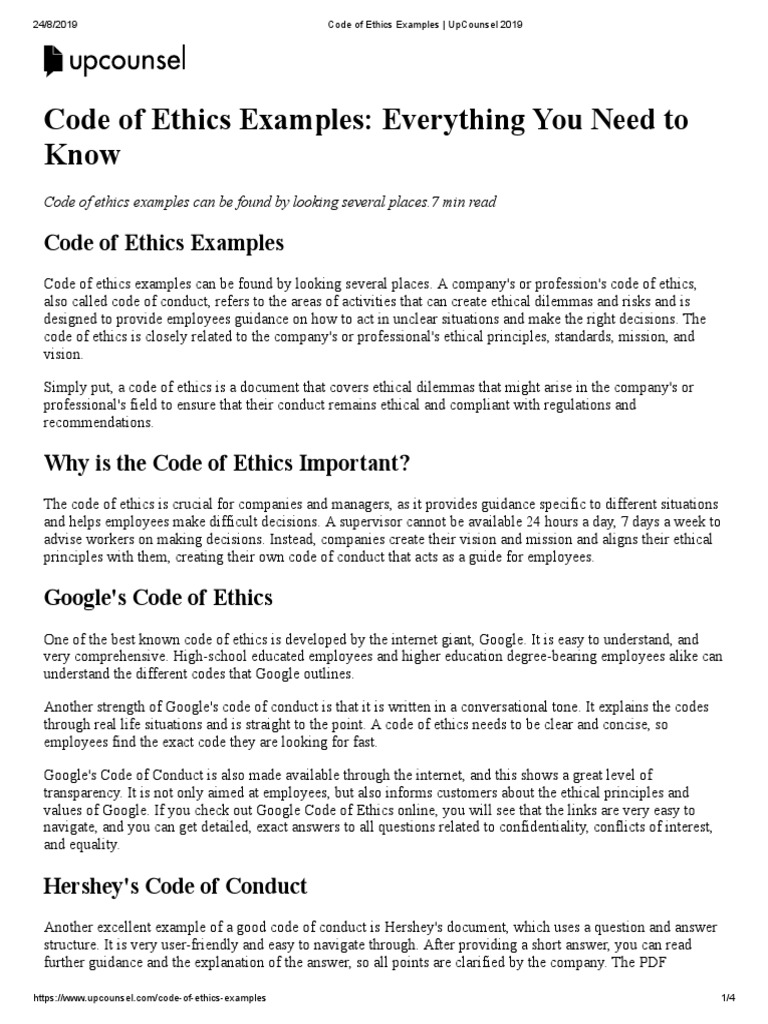 Code of Ethics Examples - UpCounsel 2019 | PDF | Conflict Of Interest ...