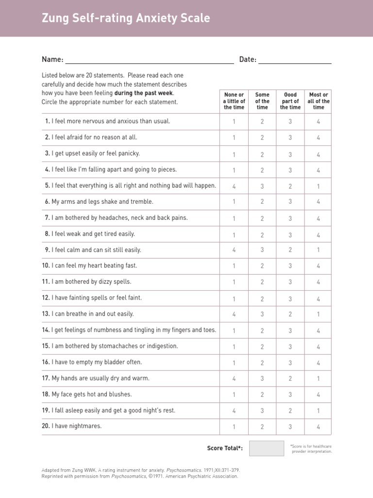 Zung Self-Rating Anxiety Scale | PDF | Clinical Psychology | Diseases ...