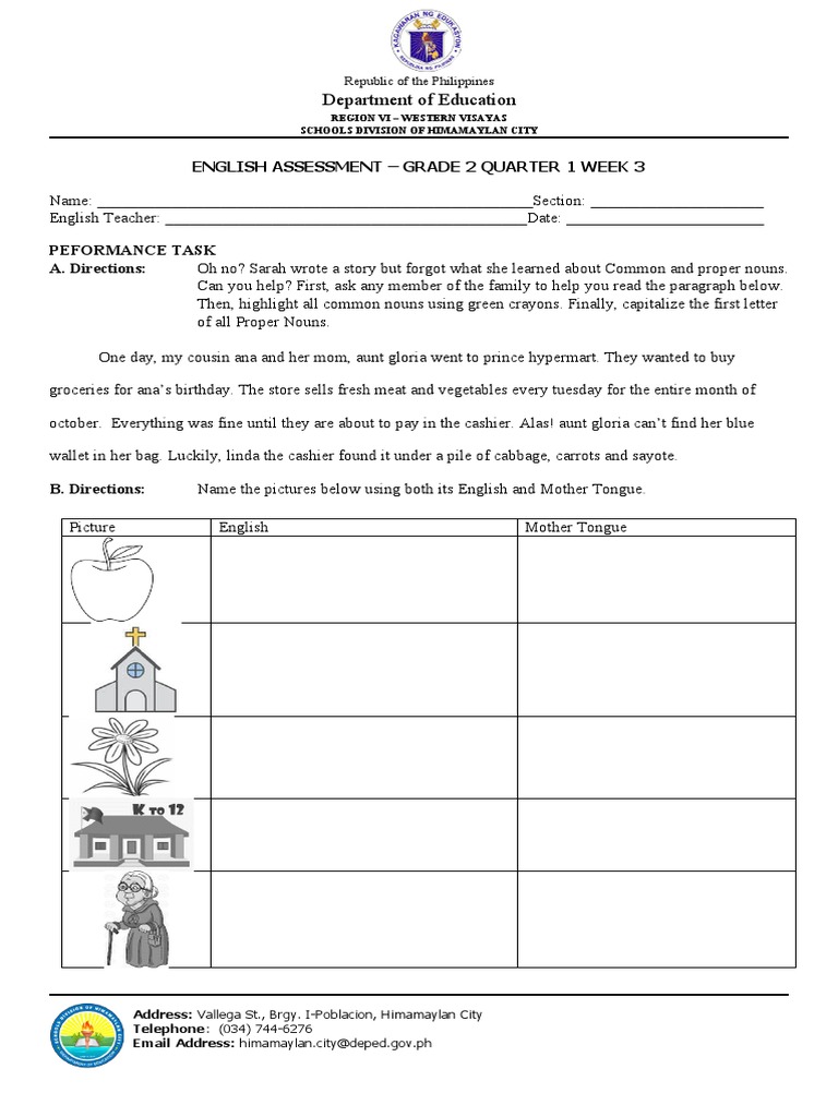 Department of Education: English Assessment - Grade 2 Quarter 1 Week 3 ...