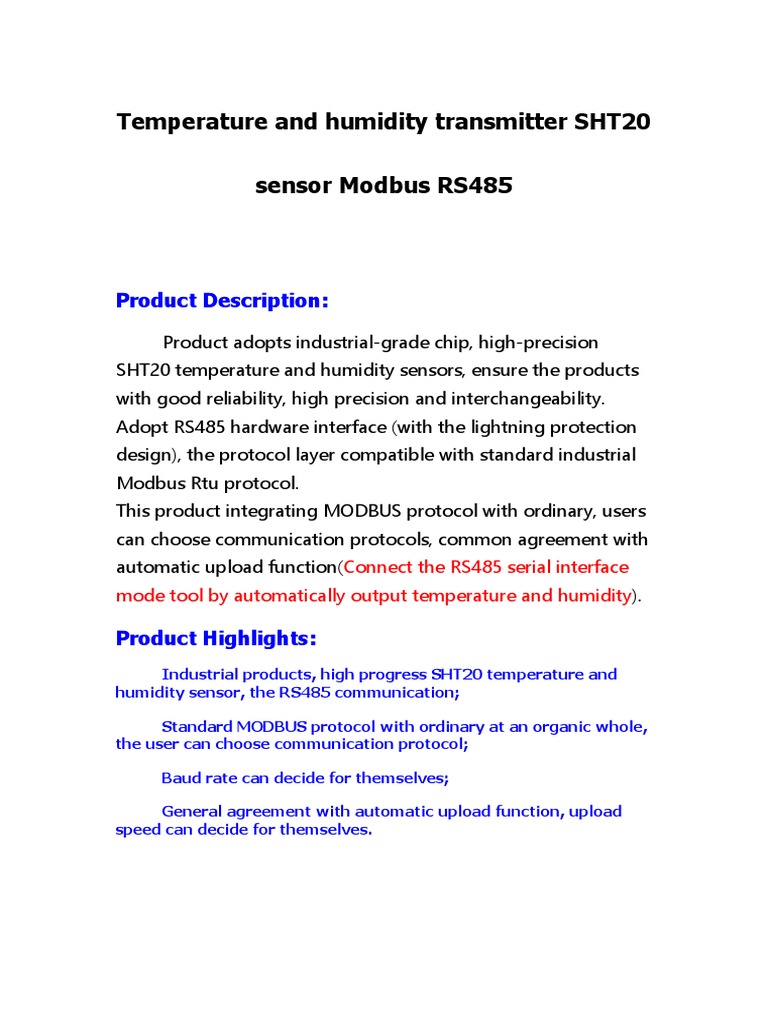 Temperature and Humidity Transmitter SHT20 Sensor Modbus RS485 | PDF ...