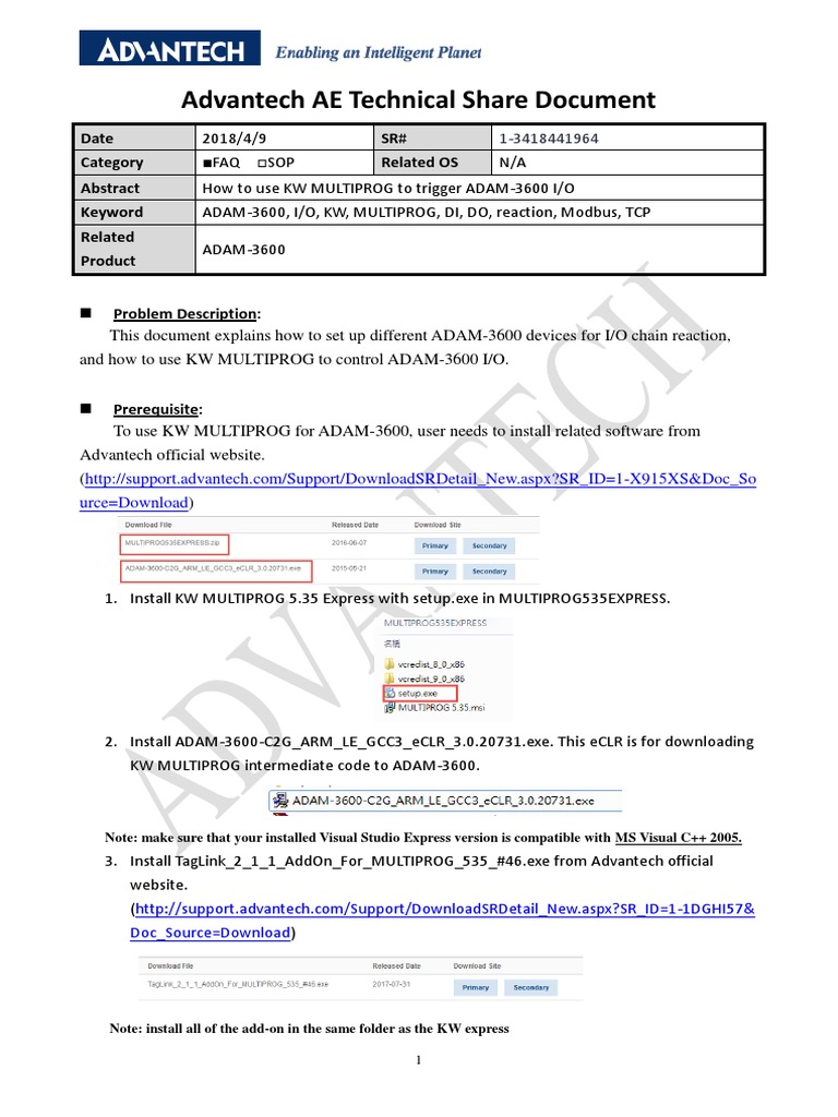 Controlling ADAM-3600 I/O Using KW MULTIPROG: A Guide to Setting Up Modbus Communication and ...