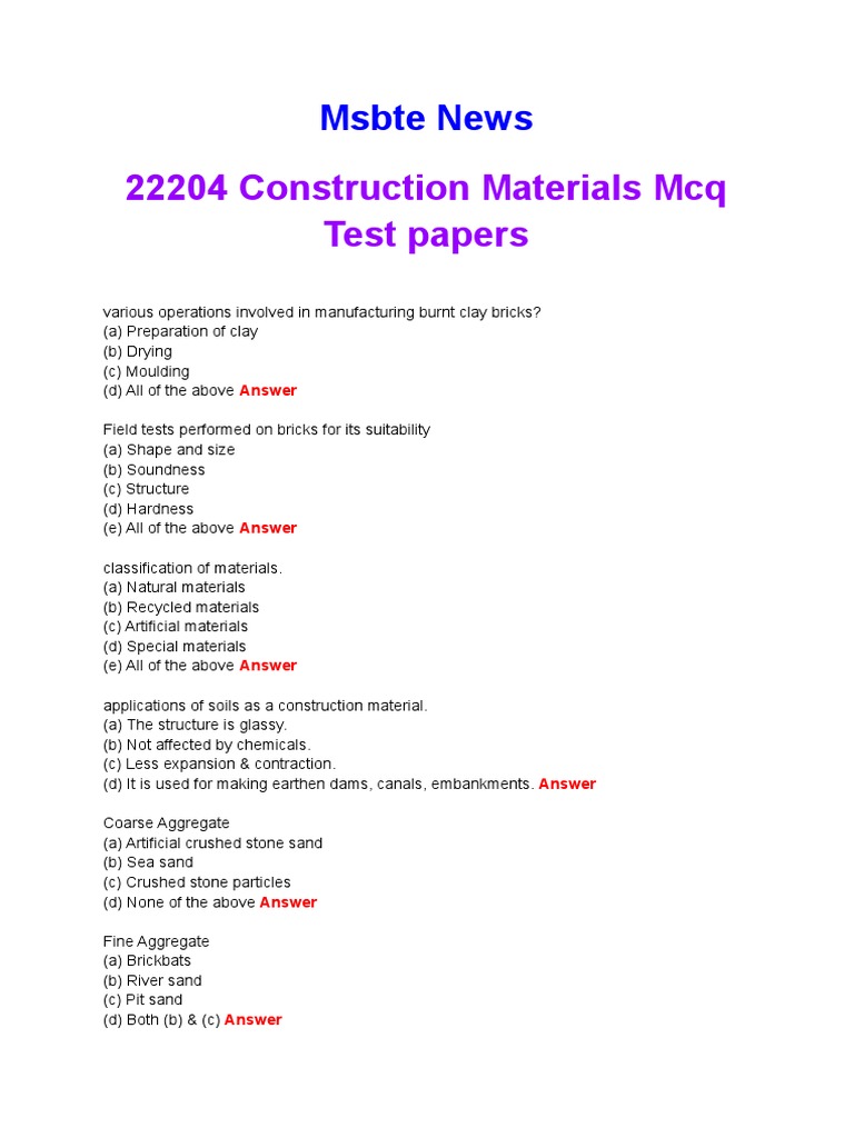 Construction Materials Mcqs With Answers PDF | PDF | Plaster | Brick