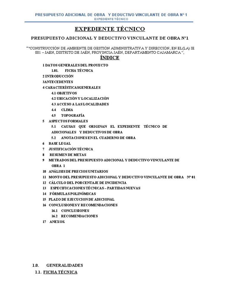 EXPEDIENTE TÉCNICO de Adicional Deductivo de 001 | PDF | Regulación ... EXPEDIENTE TÉCNICO de Adicional Deductivo de 001 | PDF | Regulación ...