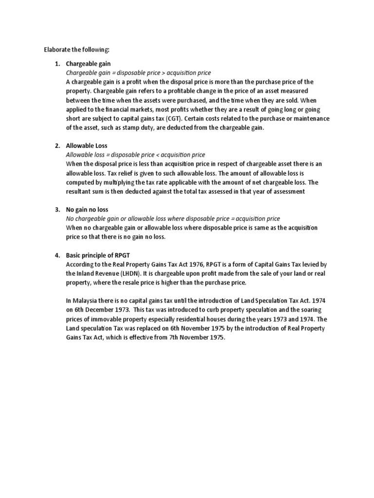 Understanding Chargeable Gains and RPGT | PDF | Capital Gains Tax ...