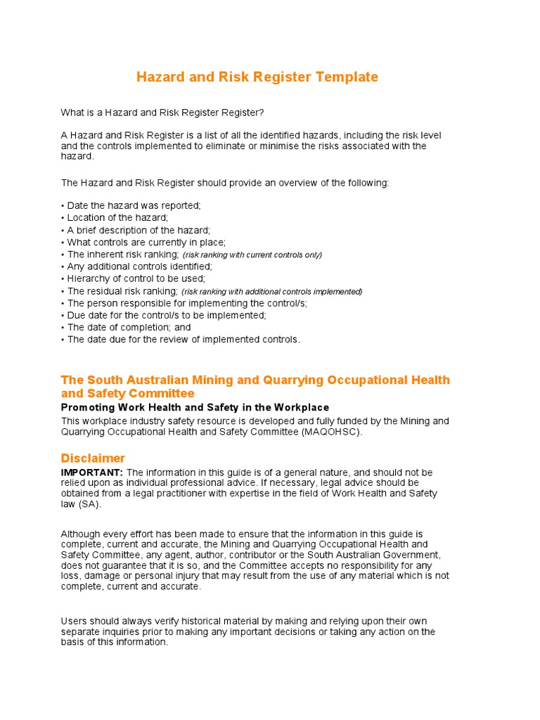 Hazard and Risk Register Template: The South Australian Mining and ...