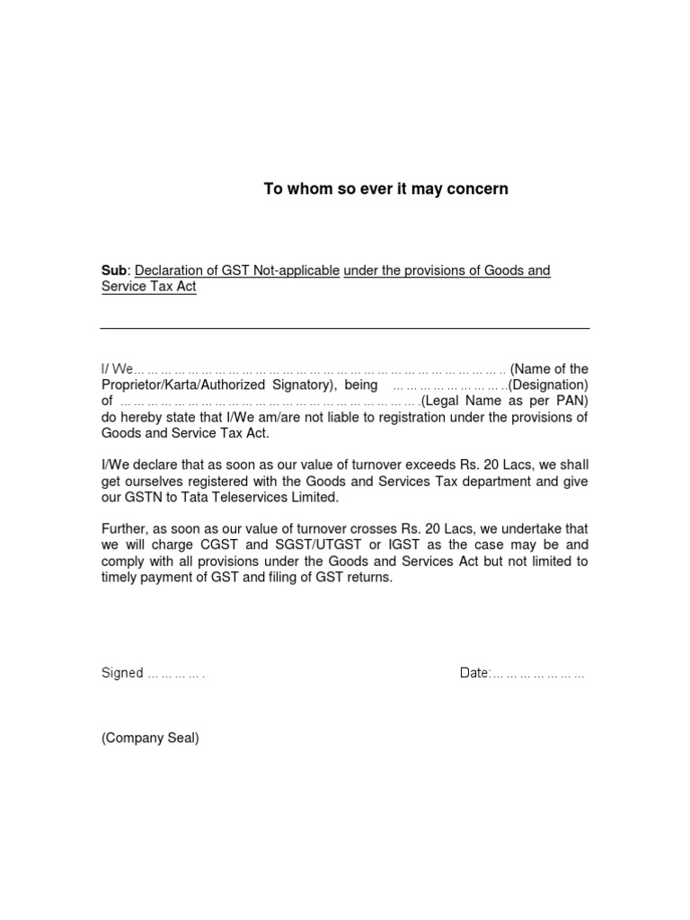 To Whom So Ever It May Concern: Sub: Declaration of GST Not-Applicable ...