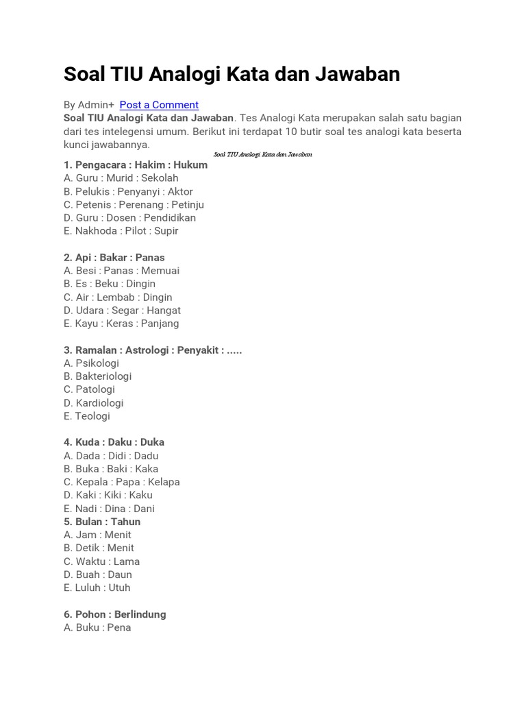 Soal TIU Analogi Kata Dan Jawaban | PDF