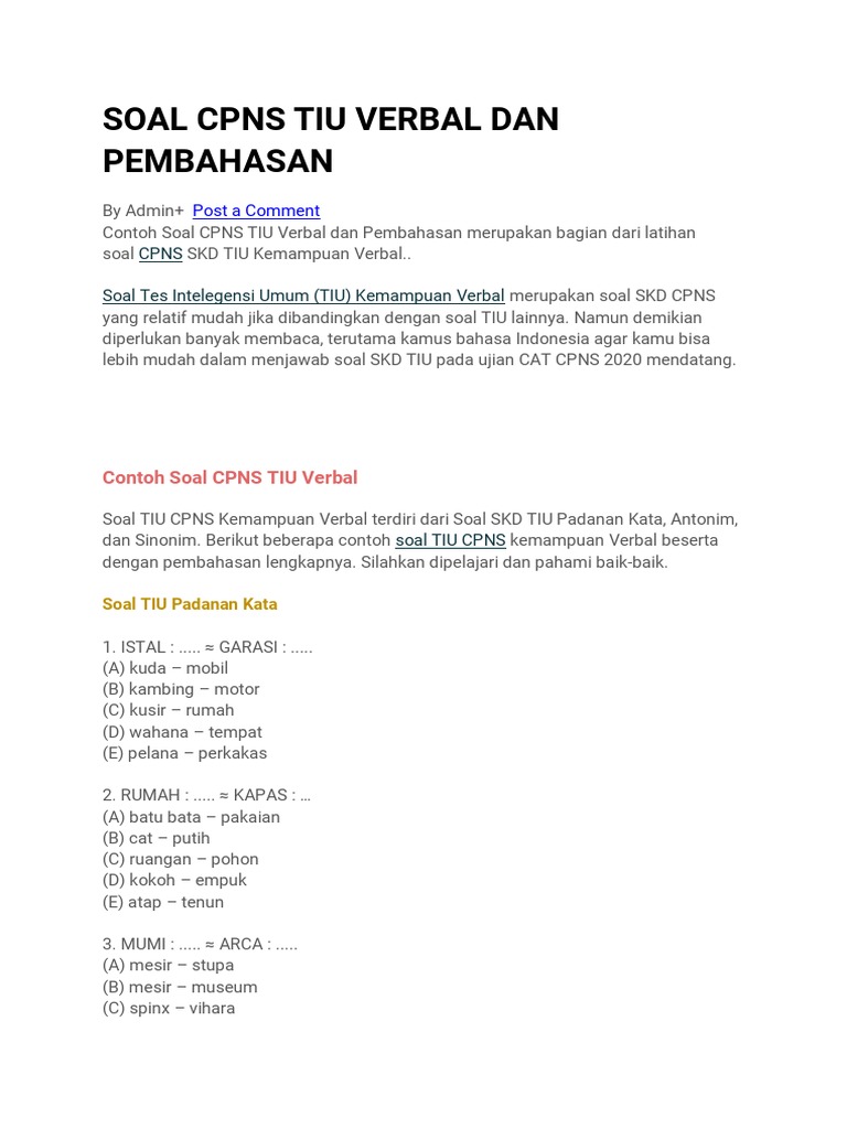 Soal CPNS Tiu Verbal Dan Pembahasan | PDF | Seni & Disiplin Bahasa