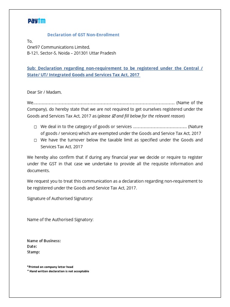 Declaration of GST Non Enrollment | PDF