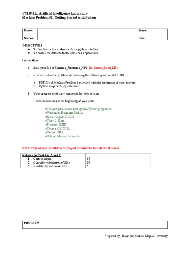 CS158-1L: Artificial Intelligence Laboratory Machine Problem #1: Getting Started With Python ...