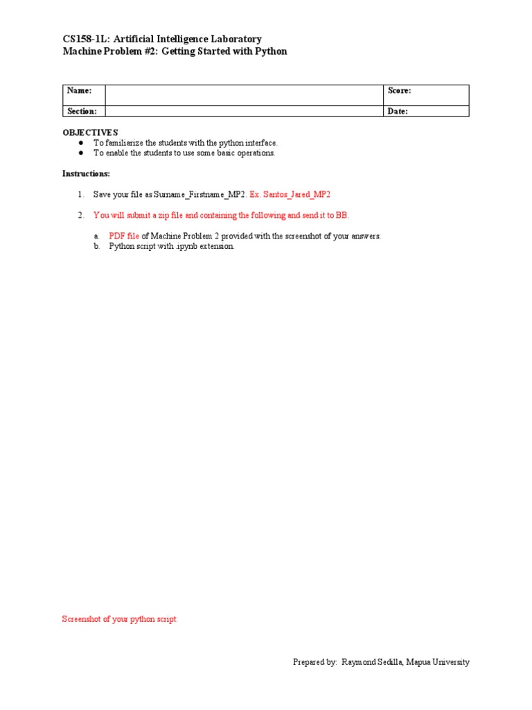CS158-1L: Artificial Intelligence Laboratory Machine Problem #2: Getting Started With Python | PDF
