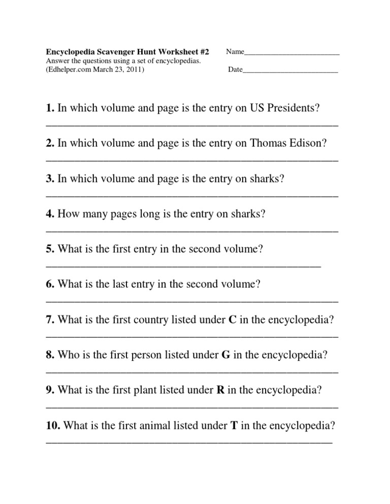 Encyclopedia Scavenger Hunt Worksheet | PDF | Encyclopedias | Reference ...