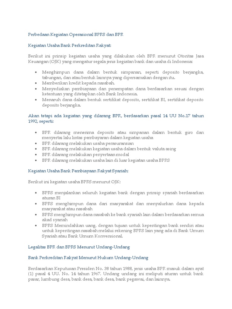 Perbedaan Kegiatan Operasional BPRS Dan BPR | PDF