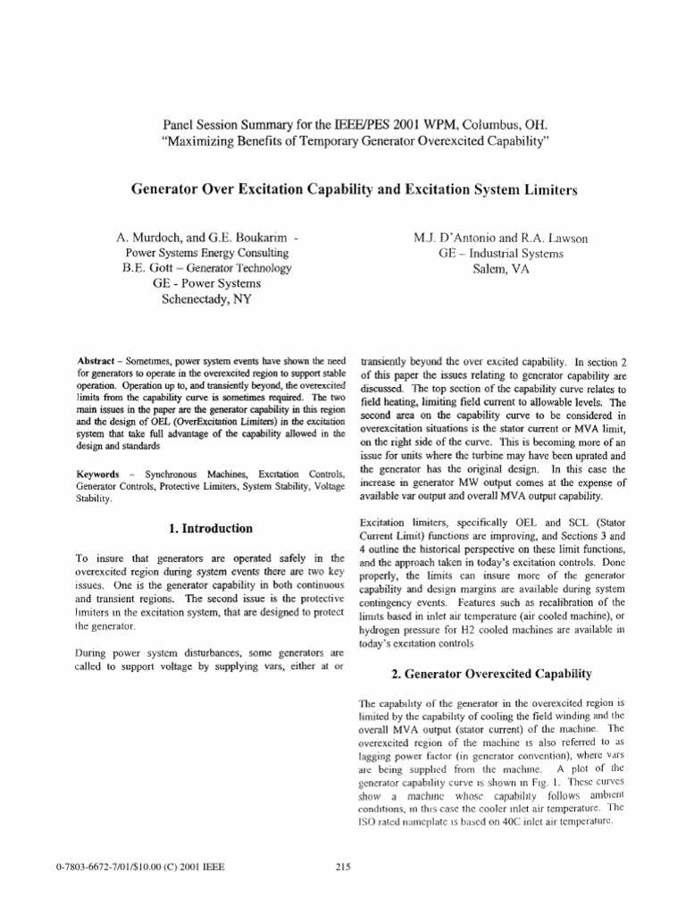 Generator Over Excitation Capability and Excitation System Limit | PDF ...