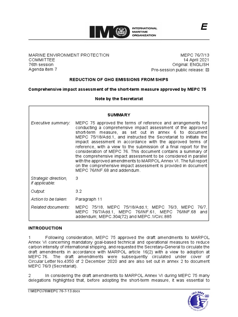 MEPC 76-7-13 - Comprehensive Impact Assessment of The Short-Term ...