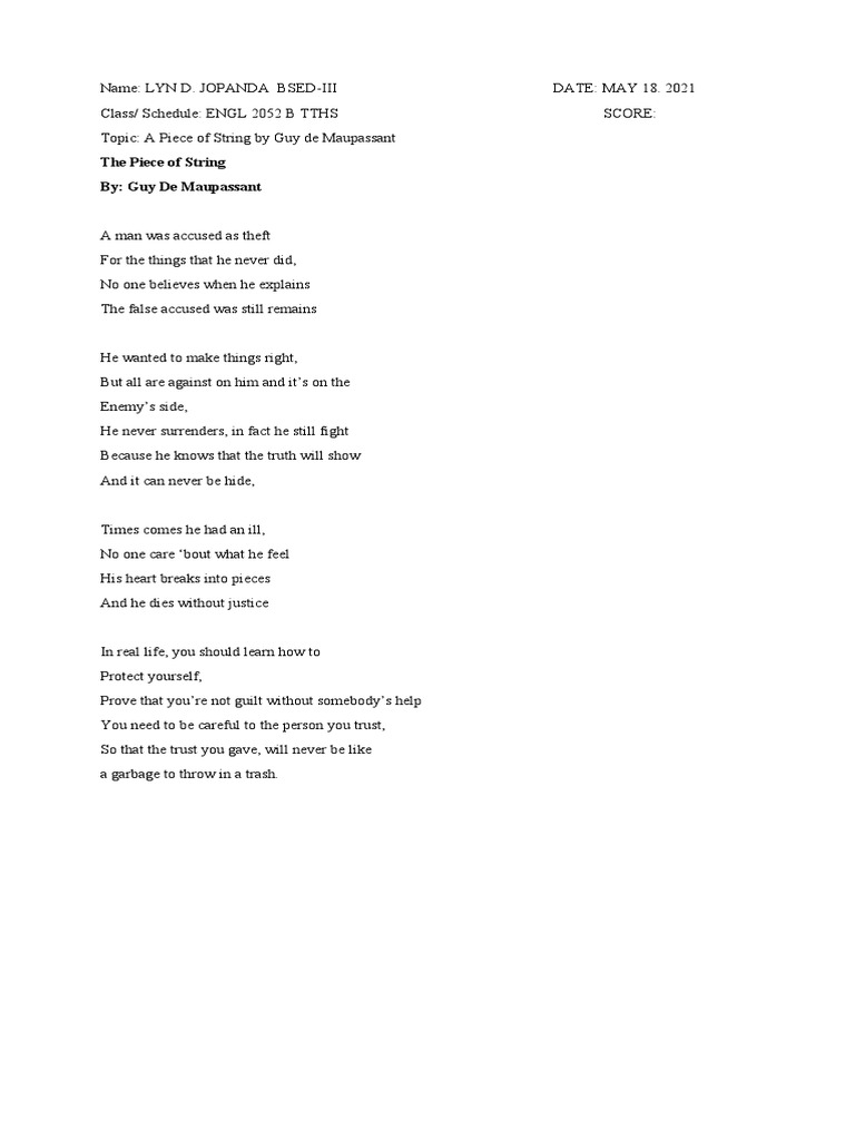 The Piece of String By: Guy de Maupassant | PDF