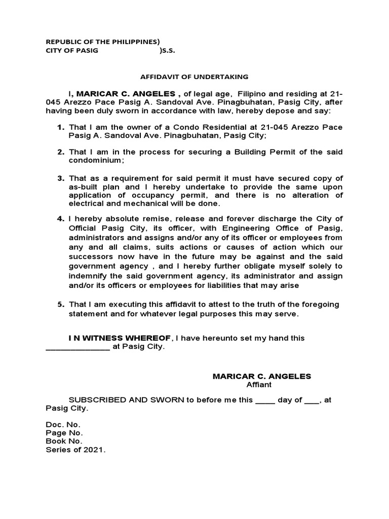 Aff of Undertaking BUILDING PERMIT | PDF | Law