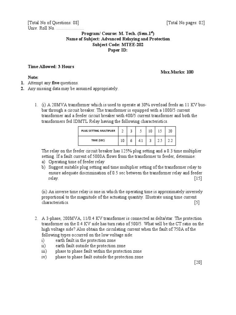 M. Tech. (Sem. 1st) Examination Paper on Advanced Relaying and ...