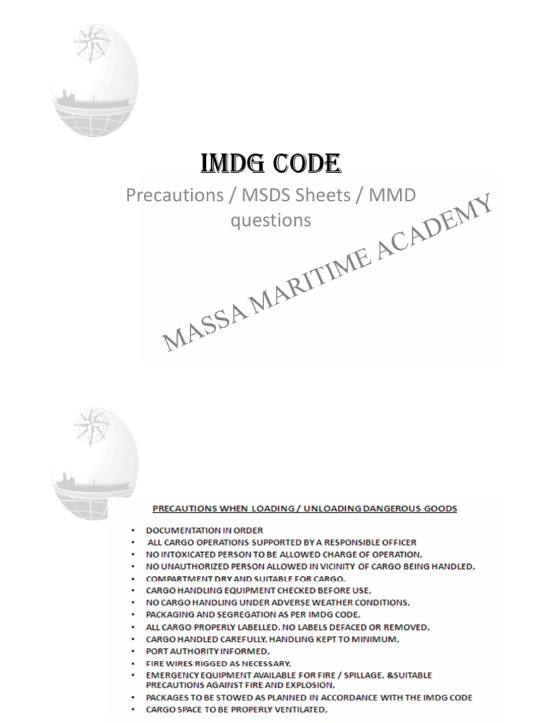 Imdg Code: Precautions / MSDS Sheets / MMD Questions | PDF