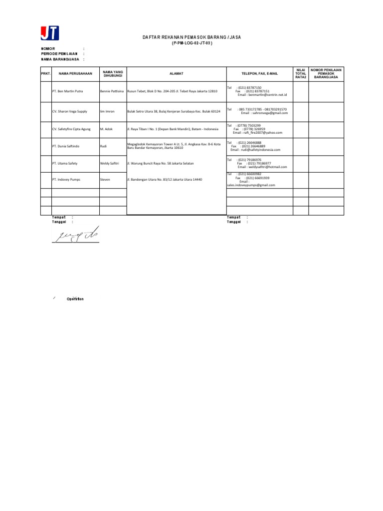 F-PM-LOG-02-SMBU-03 Daftar Rekanan Pemasok Barang - Jasa | PDF