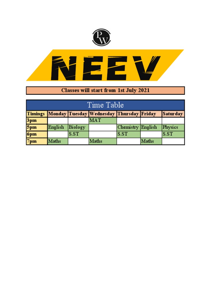 Time Table For Neev - Timetable-1 | PDF