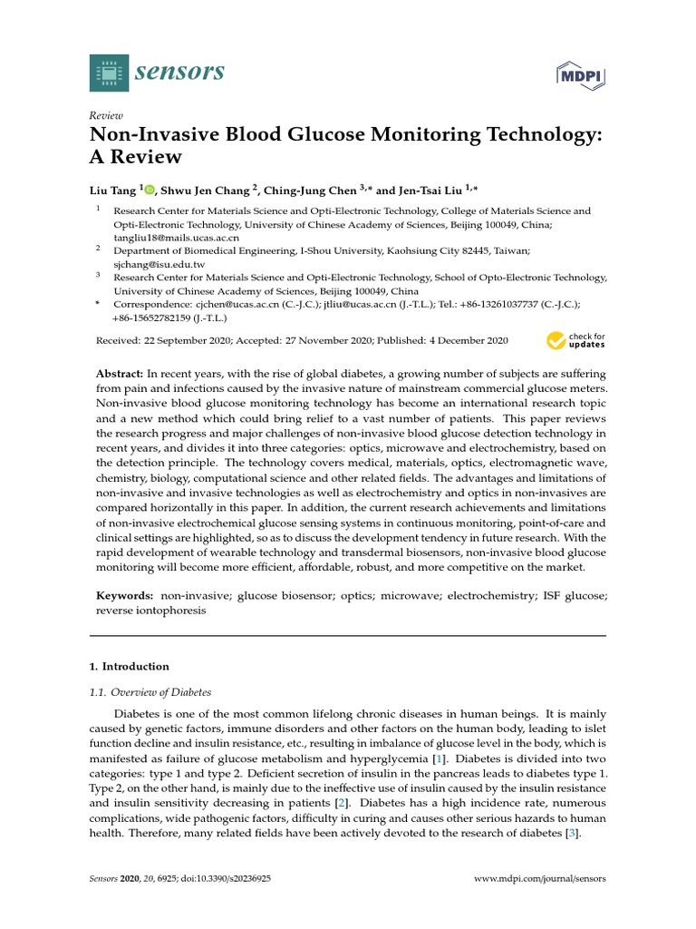 Sensors: Non-Invasive Blood Glucose Monitoring Technology: A Review ...