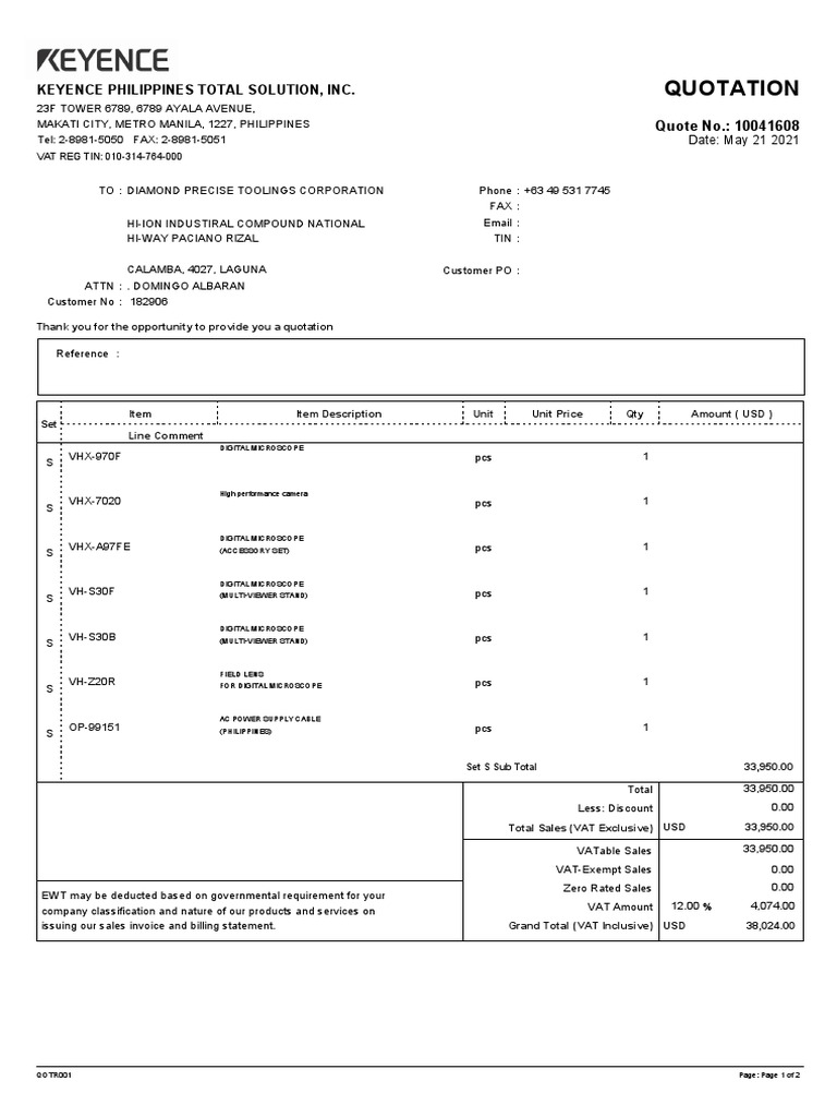 Quotation: Keyence Philippines Total Solution, Inc | PDF | Value Added ...