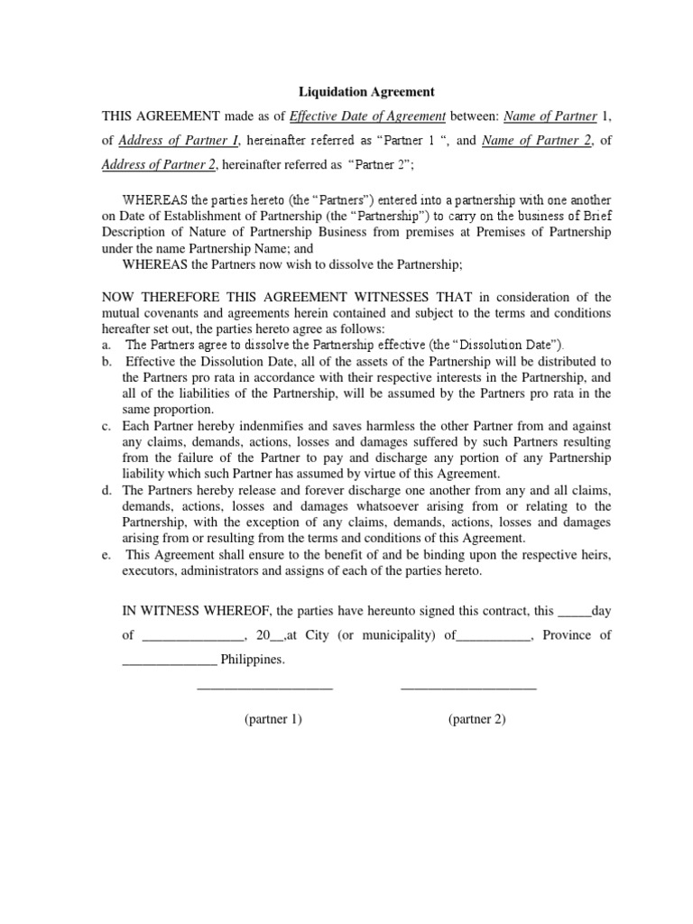 Address of Partner 2, Hereinafter Referred As "Partner 2" : Liquidation ...