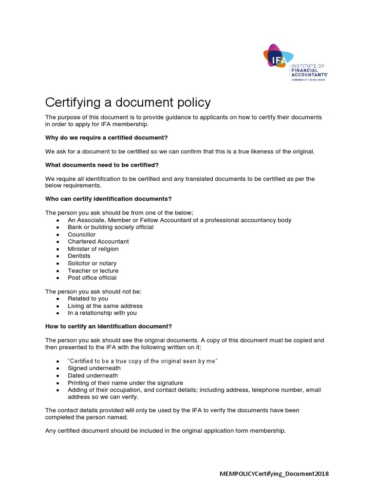 Certifying A Document Policy - 2018 | PDF