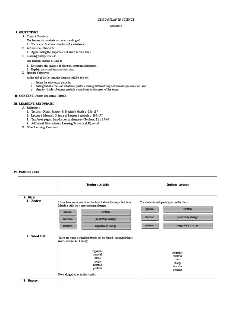 Subatomic Particles Lesson Plan | PDF | Atoms | Atomic Nucleus