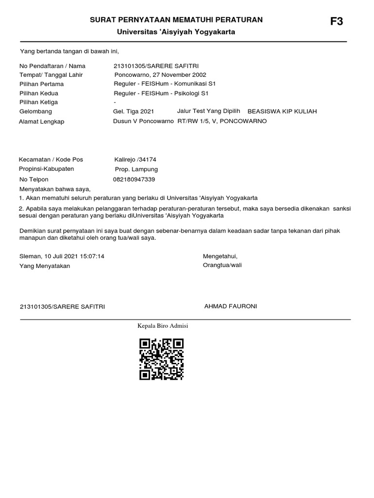 Surat Pernyataan Mematuhi Peraturan UNISA | PDF