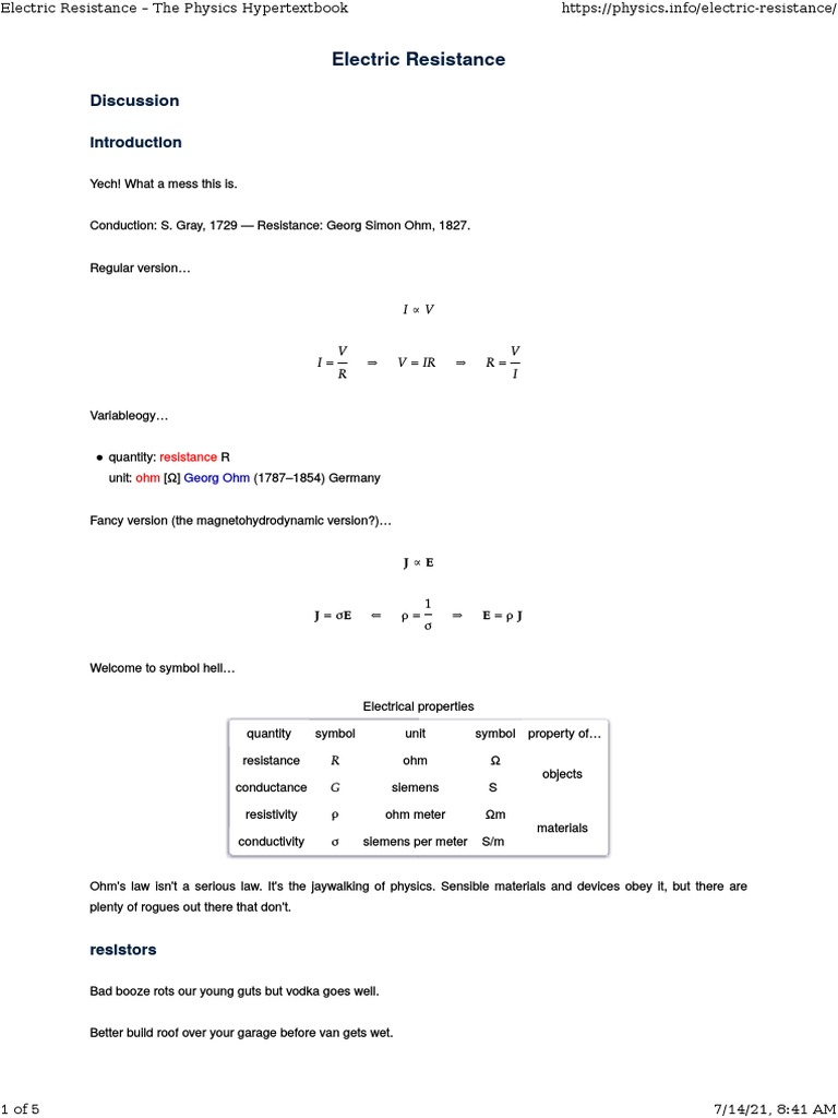 Electric Resistance - The Physics Hypertextbook | PDF | Electrical Resistivity And Conductivity ...