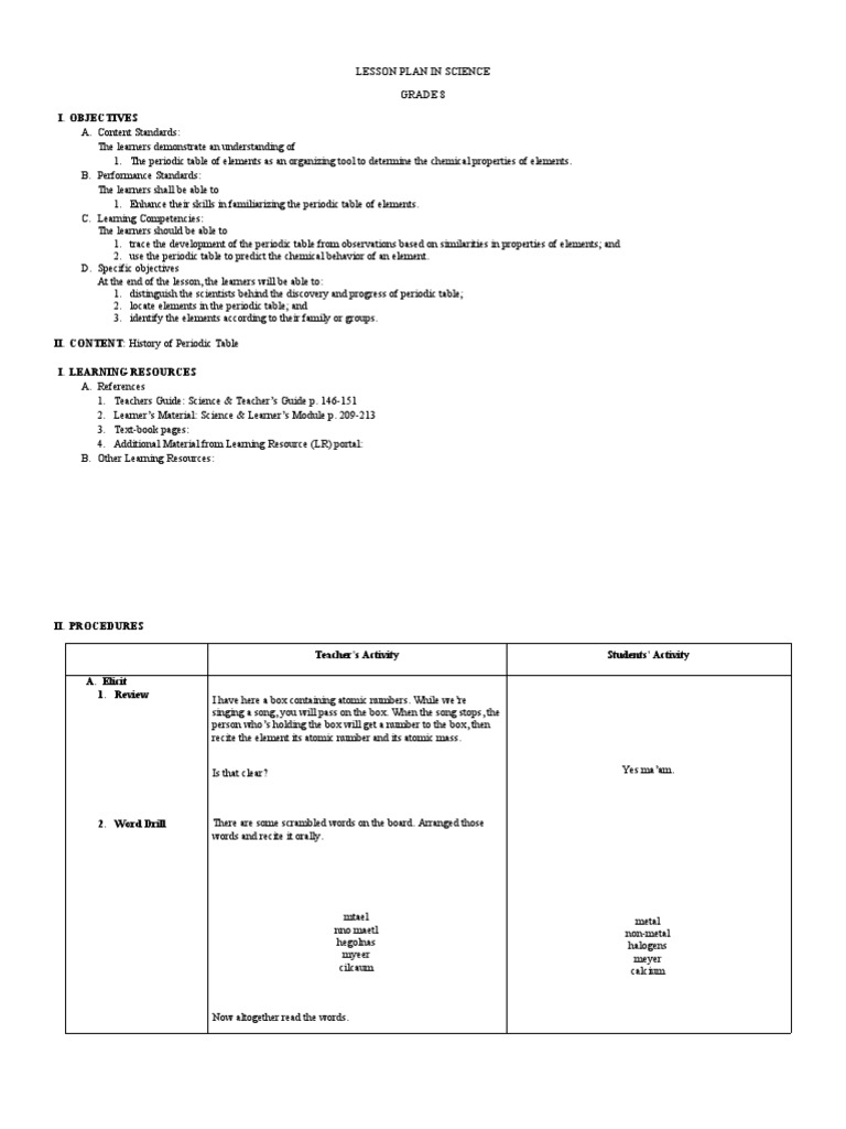 Lesson Plan 5 Chemistry | PDF | Periodic Table | Chemical Elements