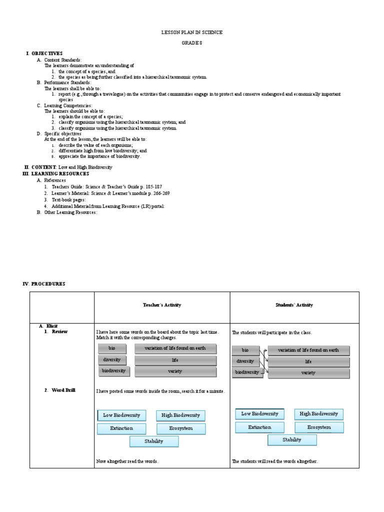 Biodiversity Lesson Plan for Grade 8 | PDF | Biodiversity | Species
