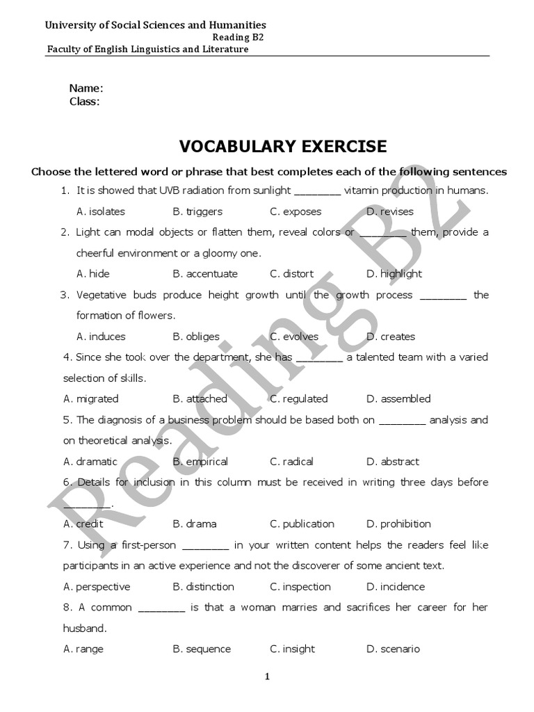 USSH - Reading B2 - Vocabulary Exercise | PDF | Social Science | Humanities