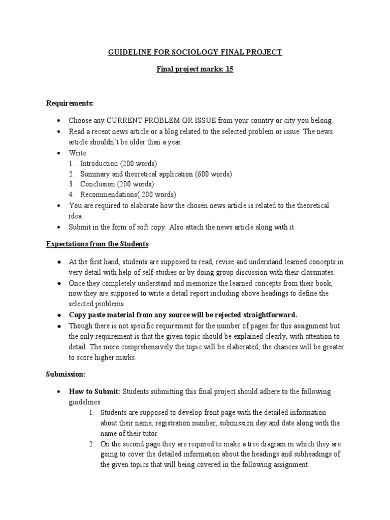 Guideline For Sociology Final Project Final Project Marks: 15 ...
