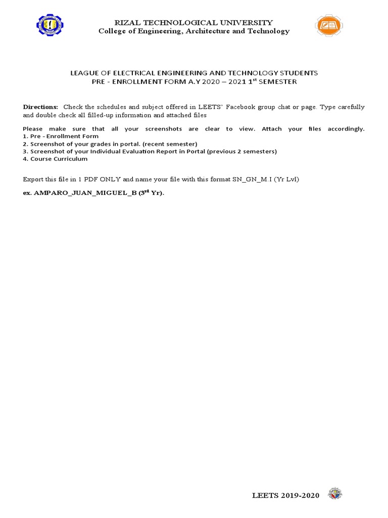 RTU Electrical Engineering Pre-Enrollment Form | PDF | Computing And ...