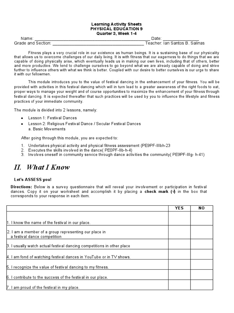 3RD Quarter Grade 9 Pe Learning Activity Sheets Week 1 4 Final | PDF | Festival | Physical Fitness