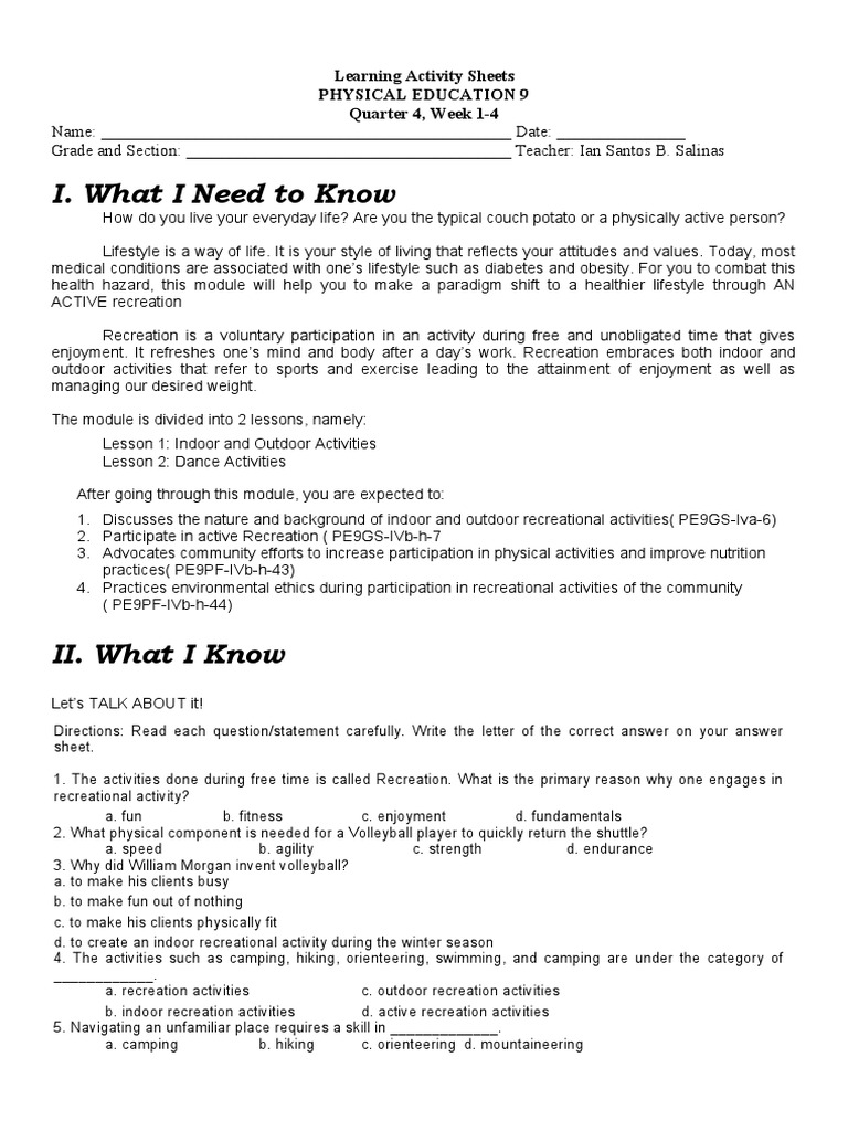 Grade 9 PE Activities: Quarter 4 Module | PDF | Physical Fitness ...