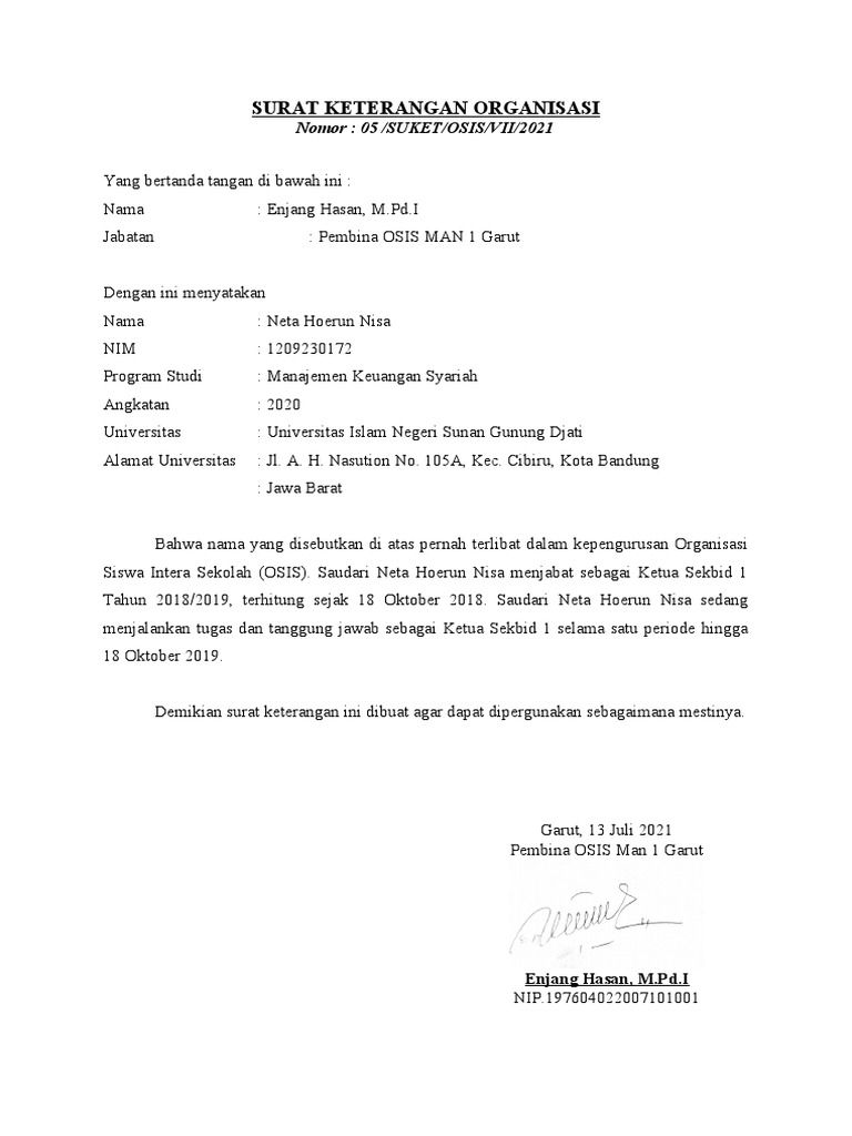 Surat Keterangan Organisasi | PDF