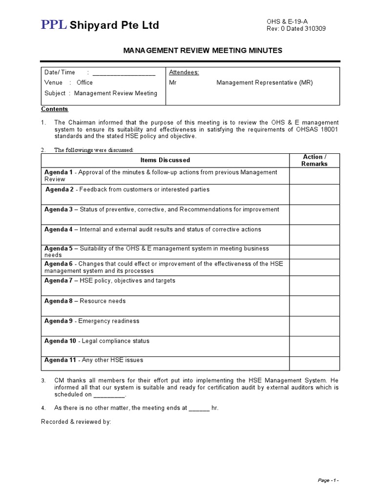 OHS&E-19-B Management Review Meeting Minutes | PDF