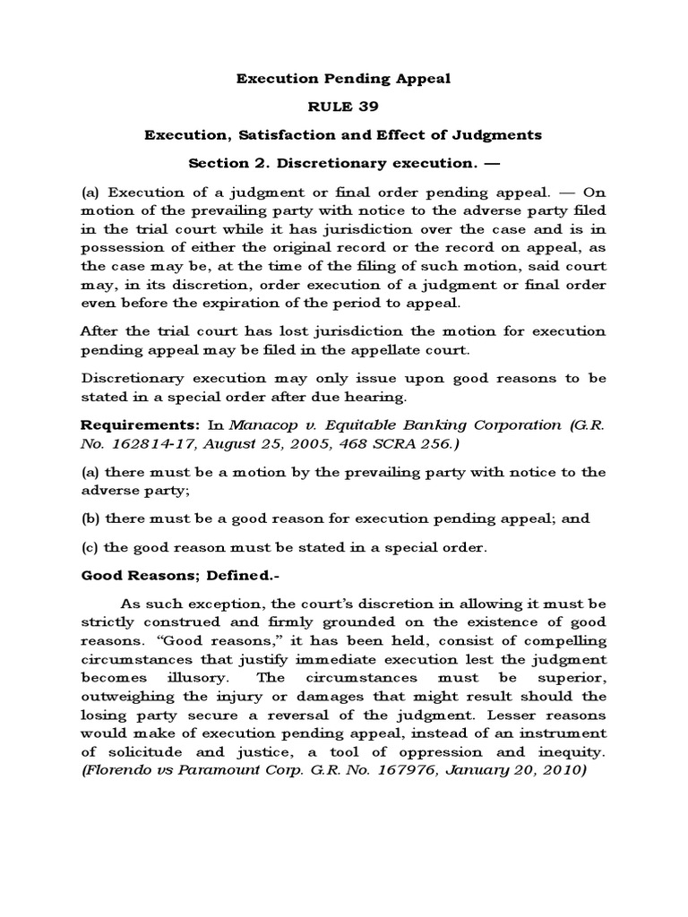 Execution Pending Appeal Research | Download Free PDF | Judgment (Law) | Appeal